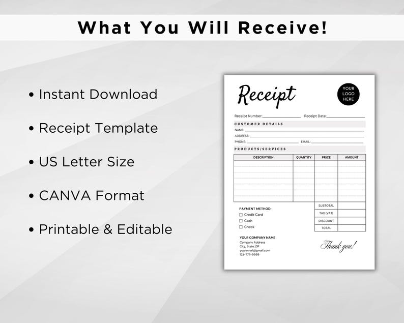 Editable Receipt Template. Small Business Digital Receipt. Receipt Form ...