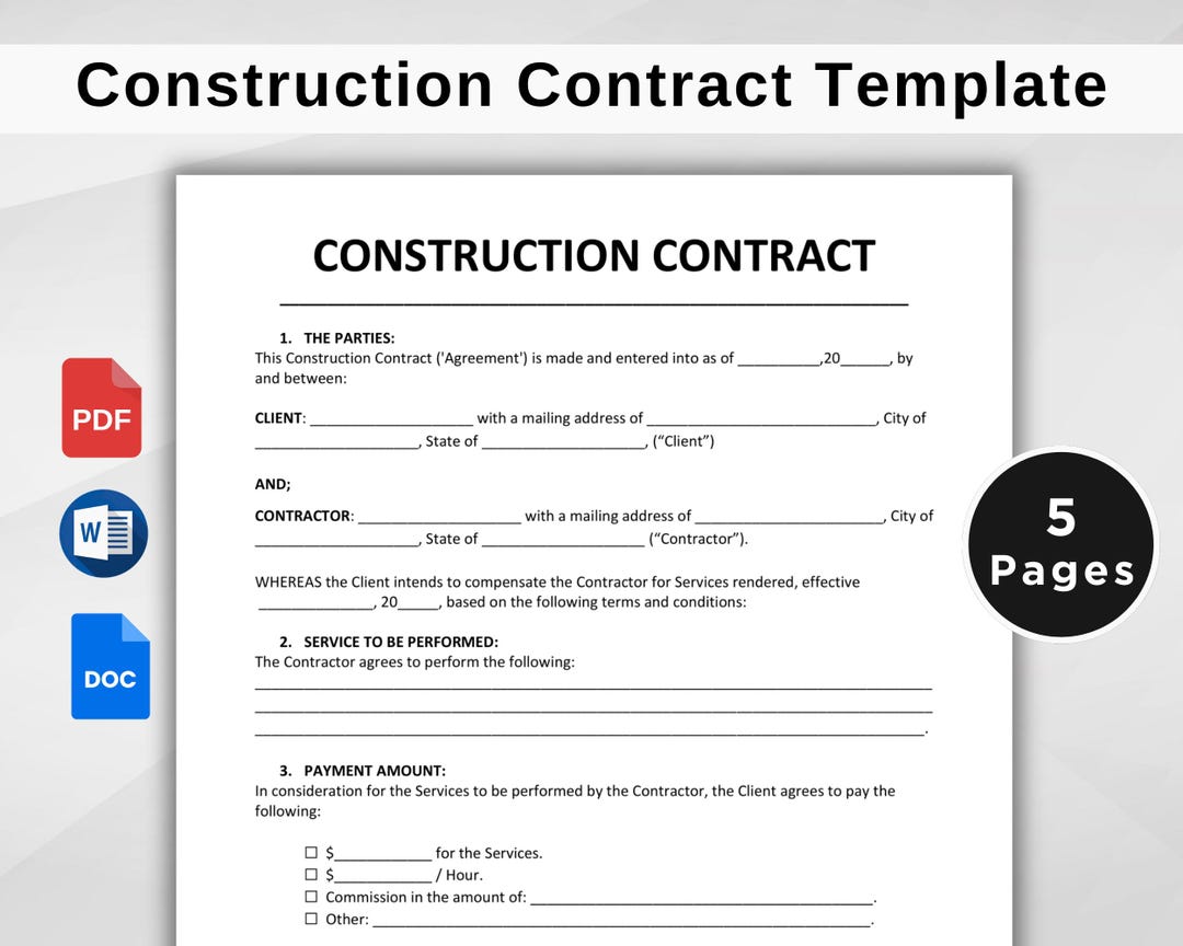 Construction Contract Form, Editable Construction Agreement Template ...