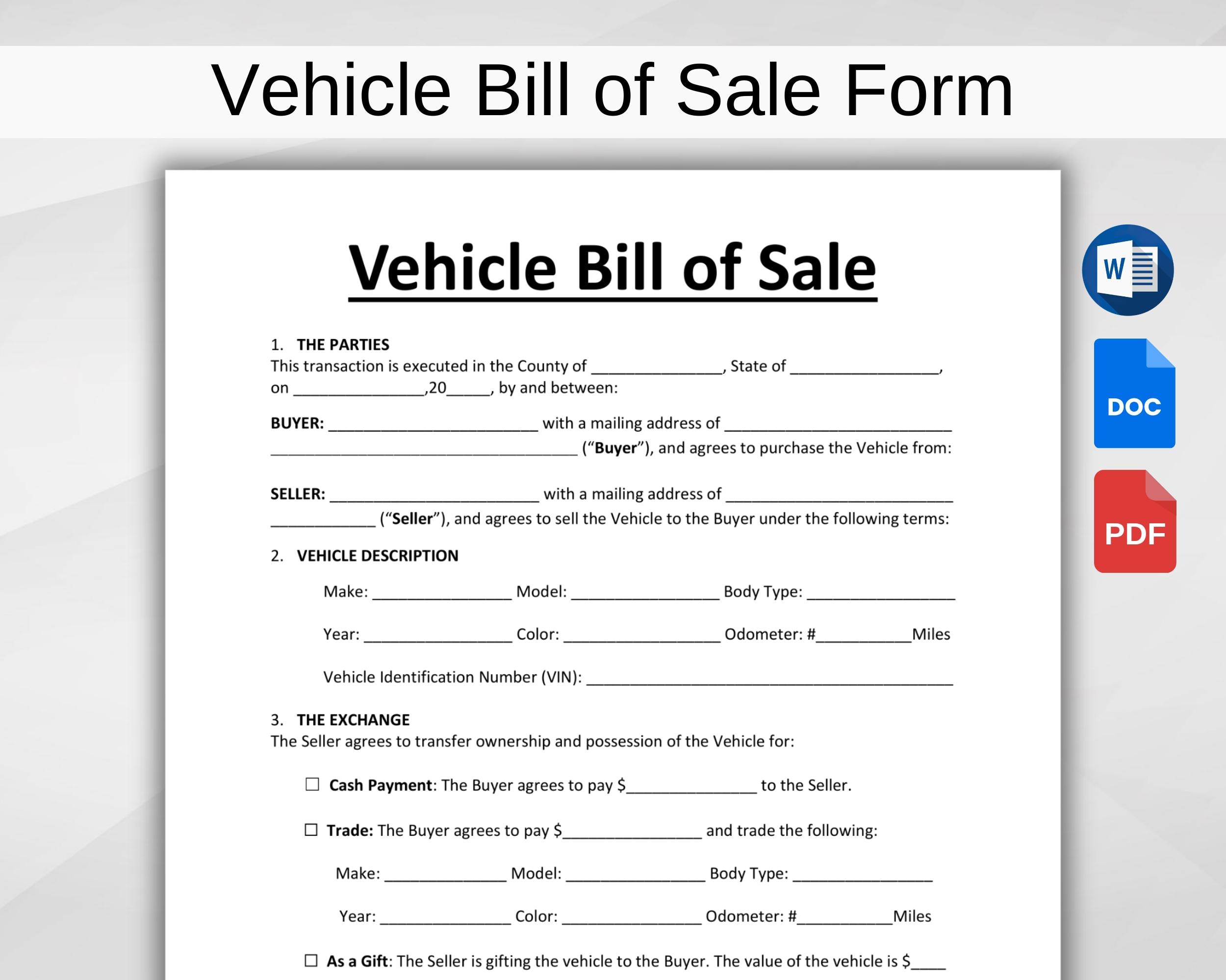 Editable Vehicle Bill of Sale Template, Printable Auto Bill of Sale ...