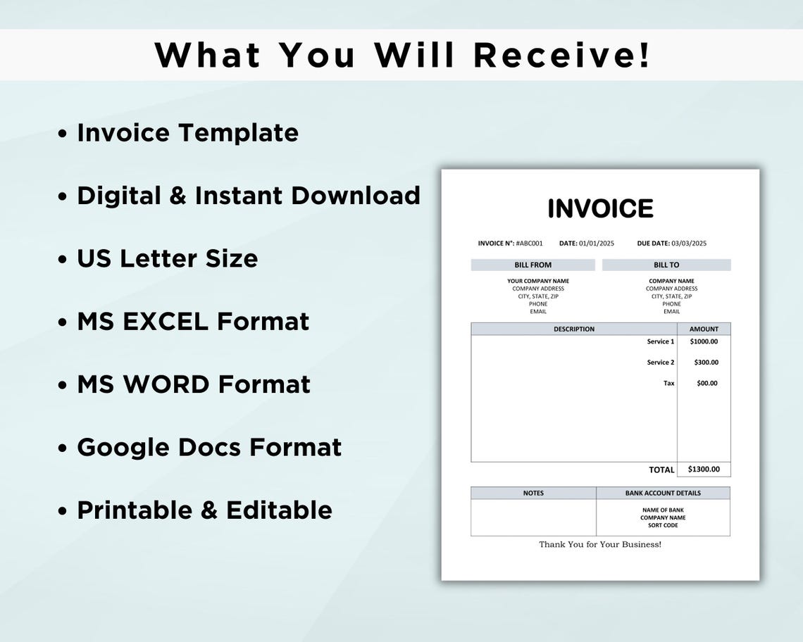 Editable Invoice Template. Printable Invoice Word. Custom Invoice Form ...