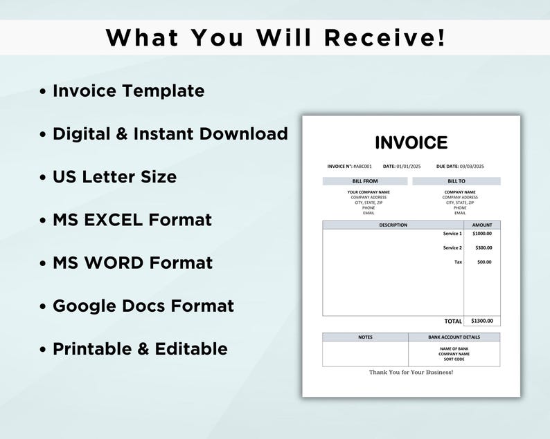 Editable Invoice Template. Printable Invoice Word. Custom Invoice Form ...