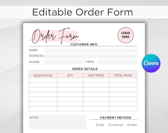 Editable Order Form Template, Printable Small Business Order Form, Custom Order Form, Purchase ...