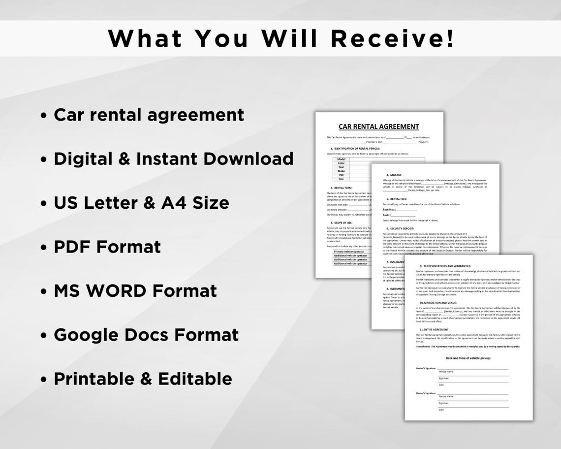 Car Rental Agreement Template Editable. Car Rental Contract. Printable ...