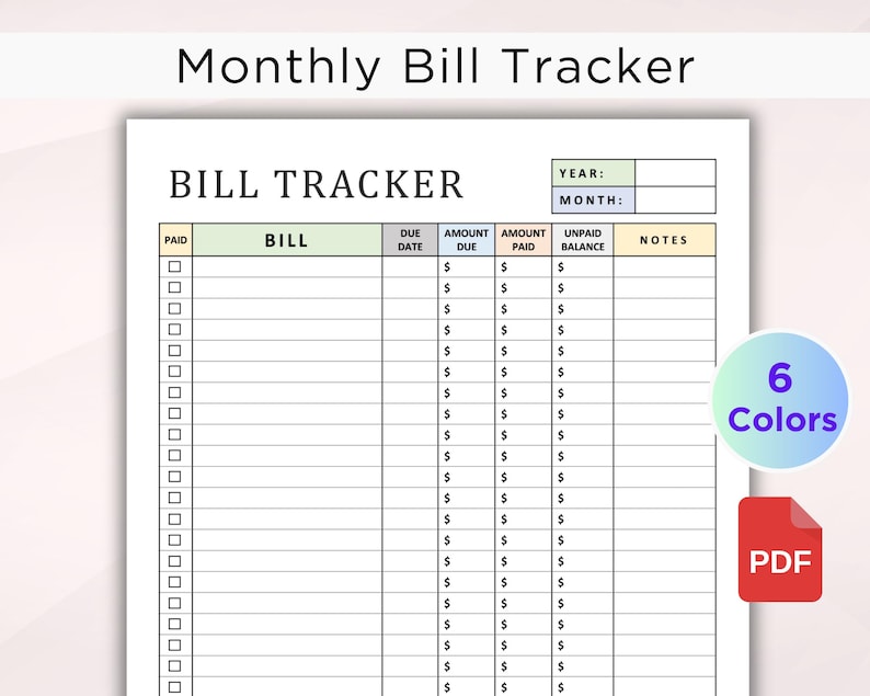 Monthly Bill Tracker. Bill Payment Checklist Tracker. Printable Bill ...