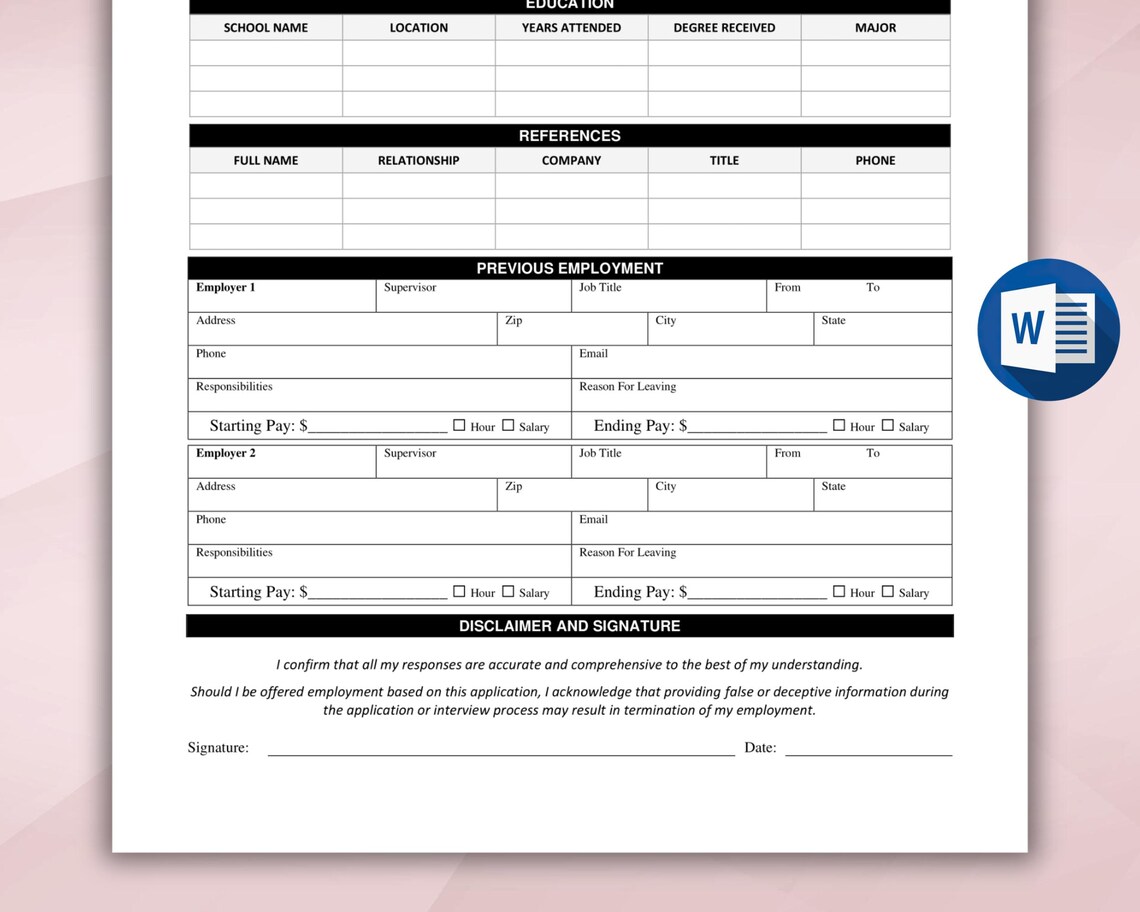 Job Application Template. Printable Employee Application. Application ...