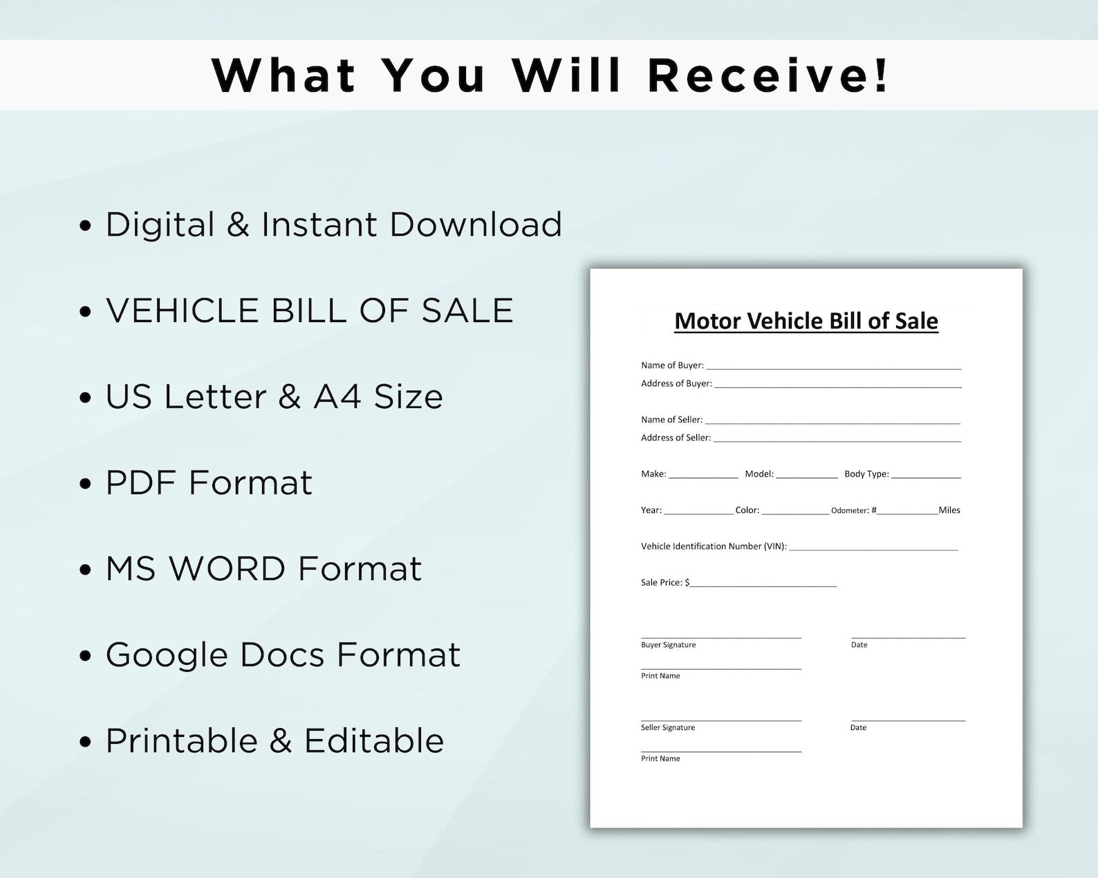 Editable Motor Vehicle Bill of Sale. Car Sale Form. Bill of Sale ...