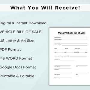 Editable Motor Vehicle Bill of Sale. Car Sale Form. Bill of Sale ...