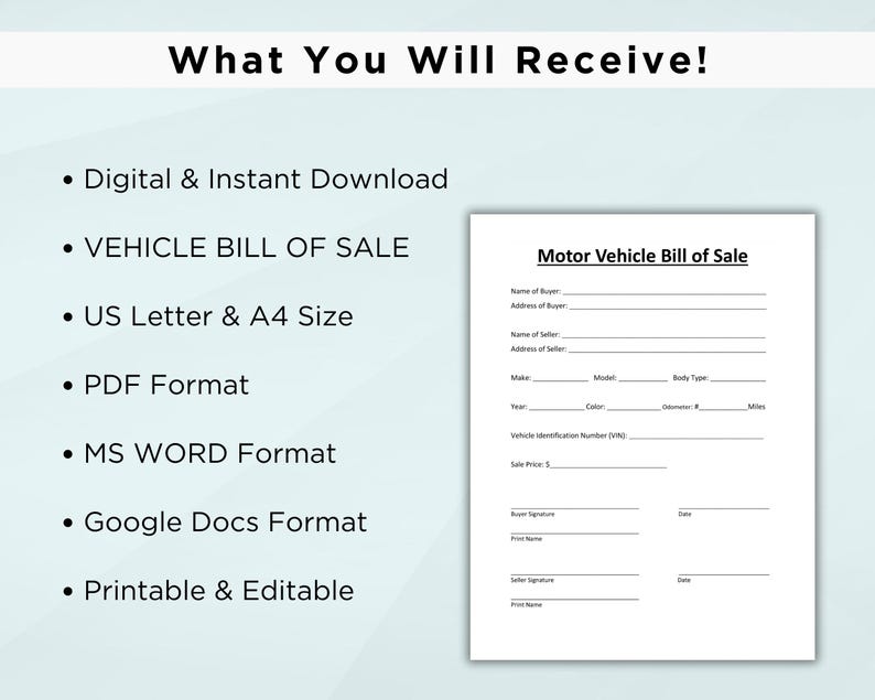 Editable Motor Vehicle Bill of Sale. Car Sale Form. Bill of Sale ...