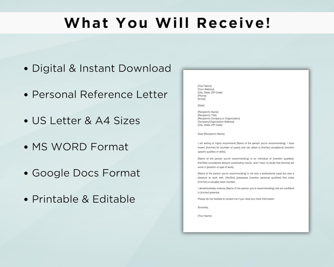 Printable Personal Reference Letter Template. Letter of Recommendation ...