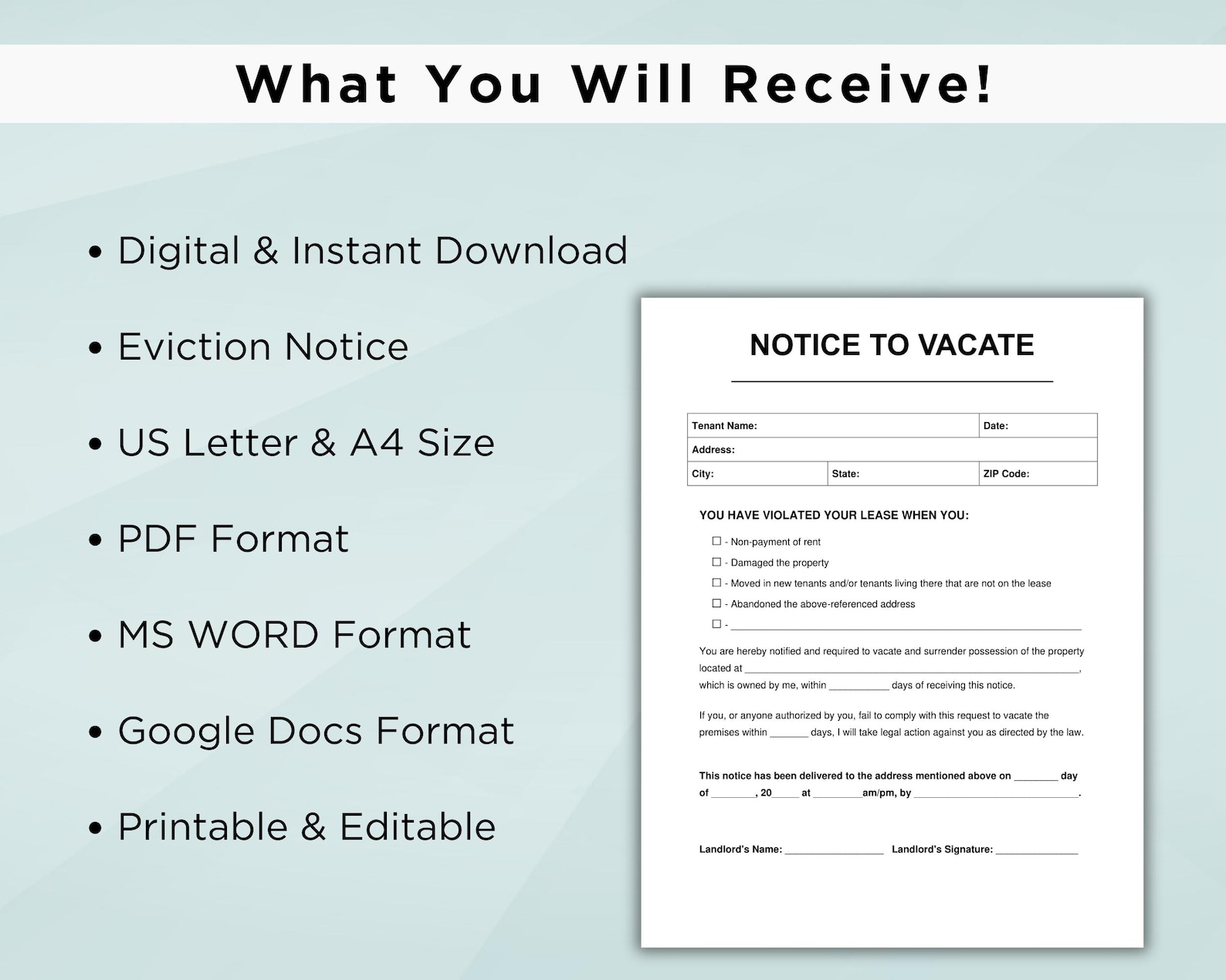 Printable Eviction Notice. Lease Termination Form. Editable Notice to ...