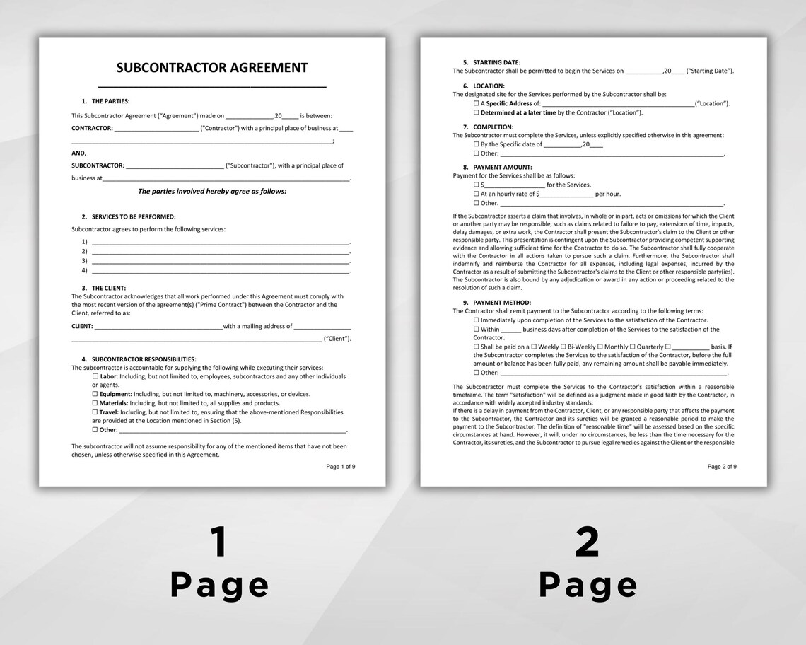 Subcontractor Agreement Template. Editable Subcontractor Contract Form ...