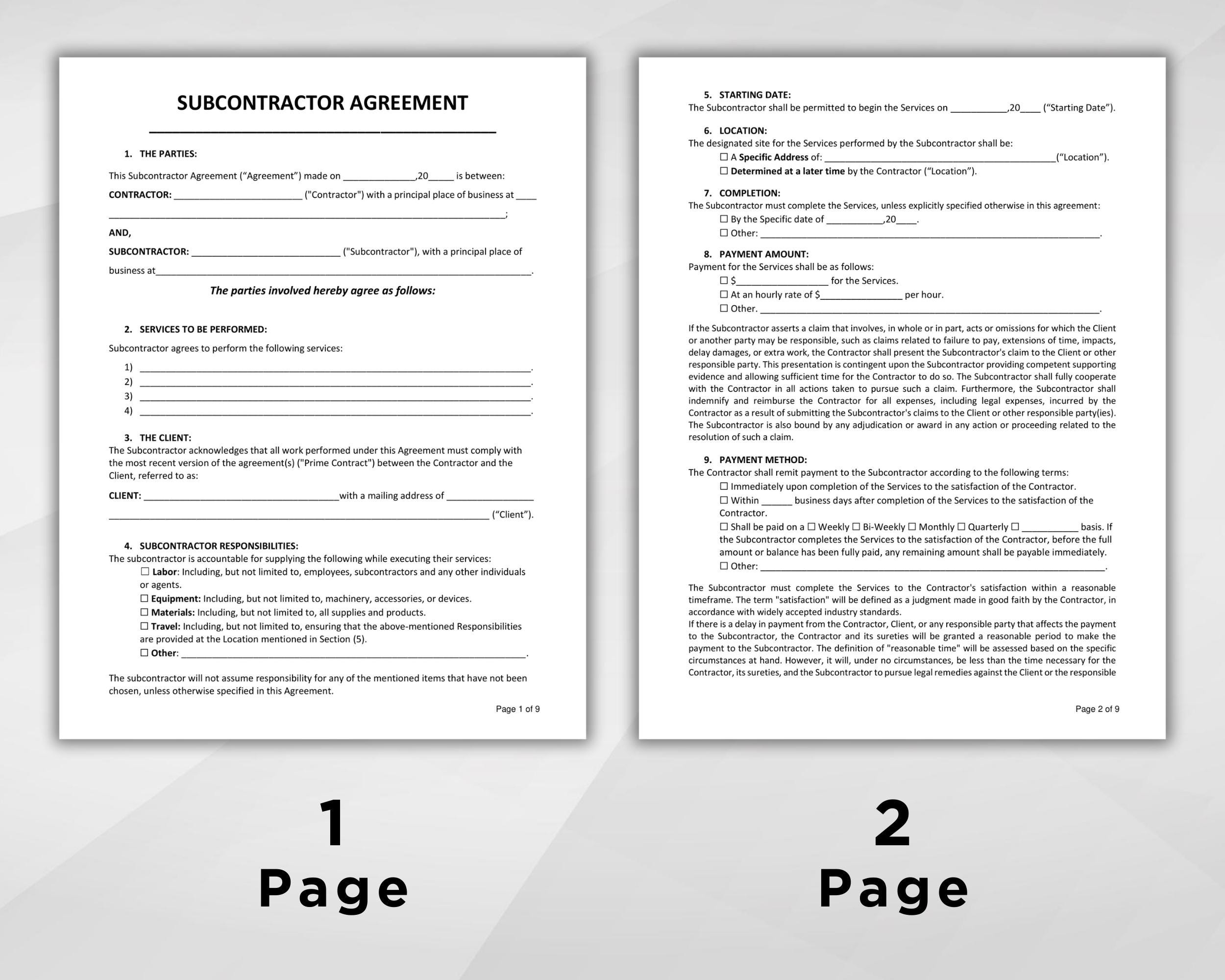 Subcontractor Agreement Template. Editable Subcontractor Contract Form ...