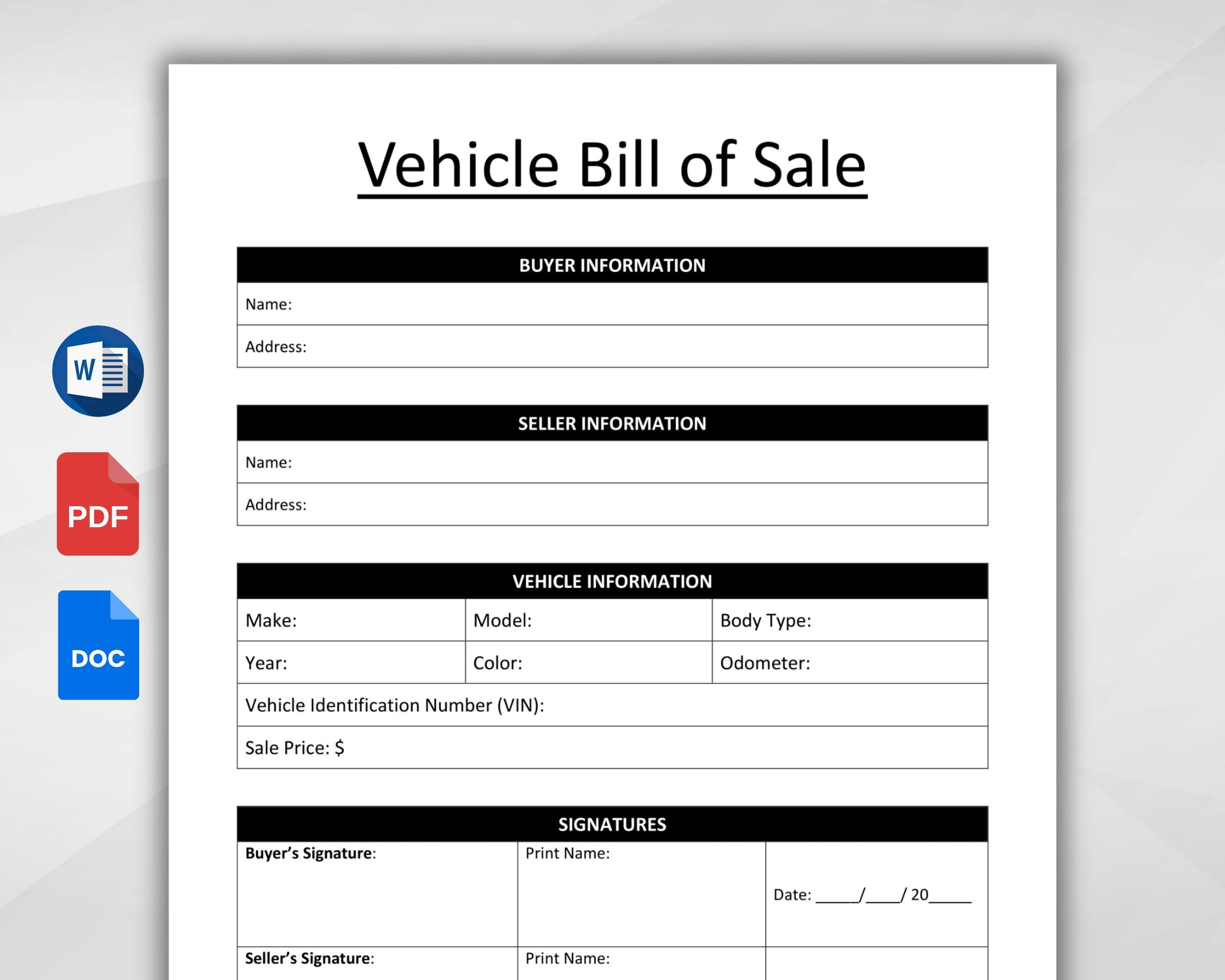 Simple Vehicle Bill of Sale Template. Motor Vehicle Sale Contract. Bill ...