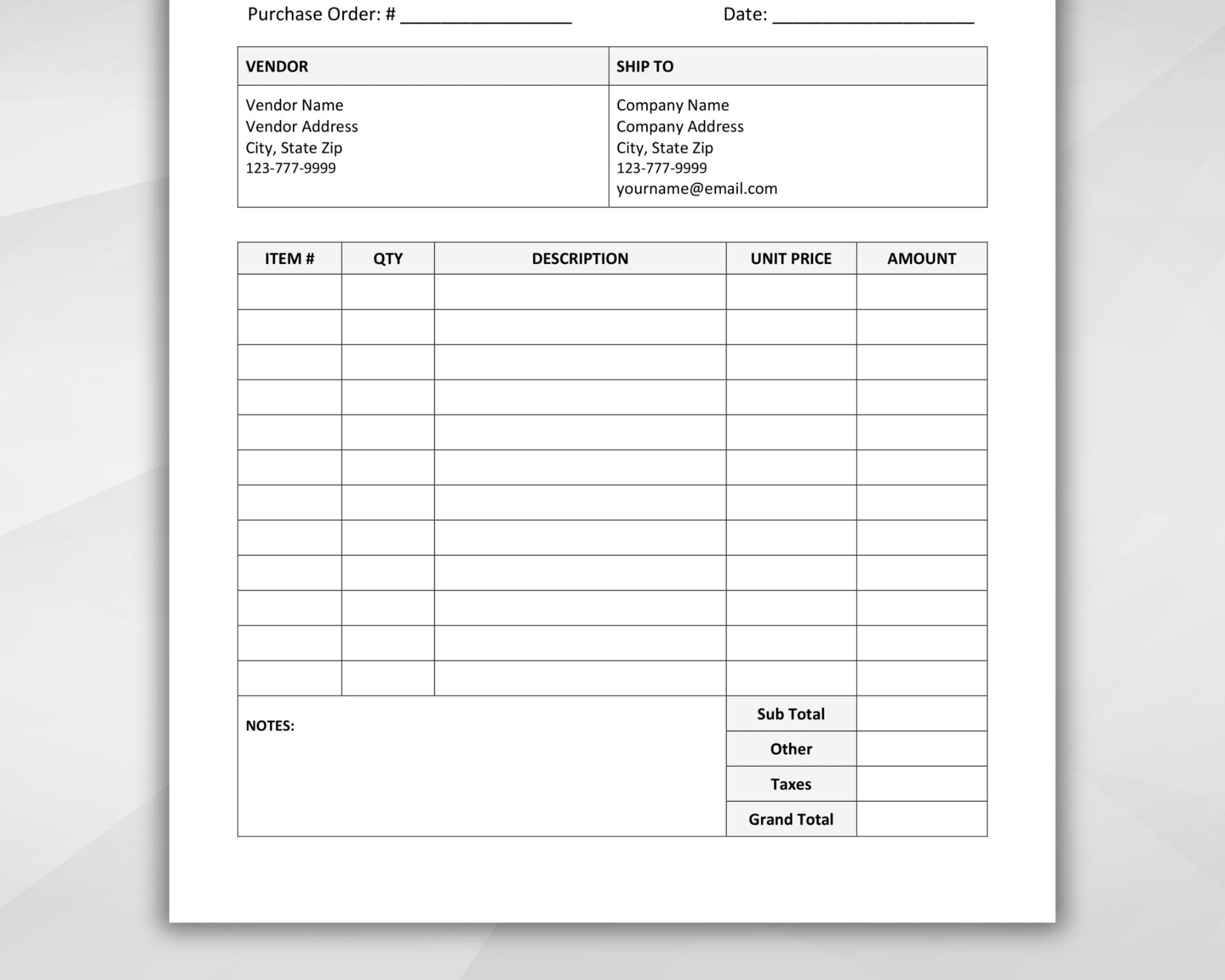 Editable Purchase Order Template | Printable PO Form for Small Business ...