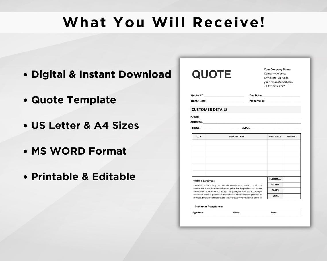 Printable Quote Template. Quote Form. Job Proposal. Price Estimate for ...