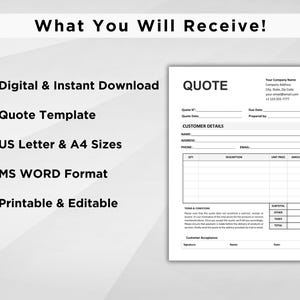 Printable Quote Template. Quote Form. Job Proposal. Price Estimate for Small Business ...