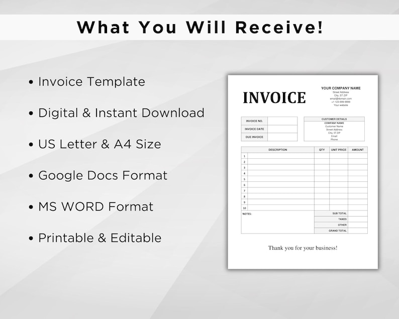 Editable Invoice Template | Small Business Billing Form | Custom ...