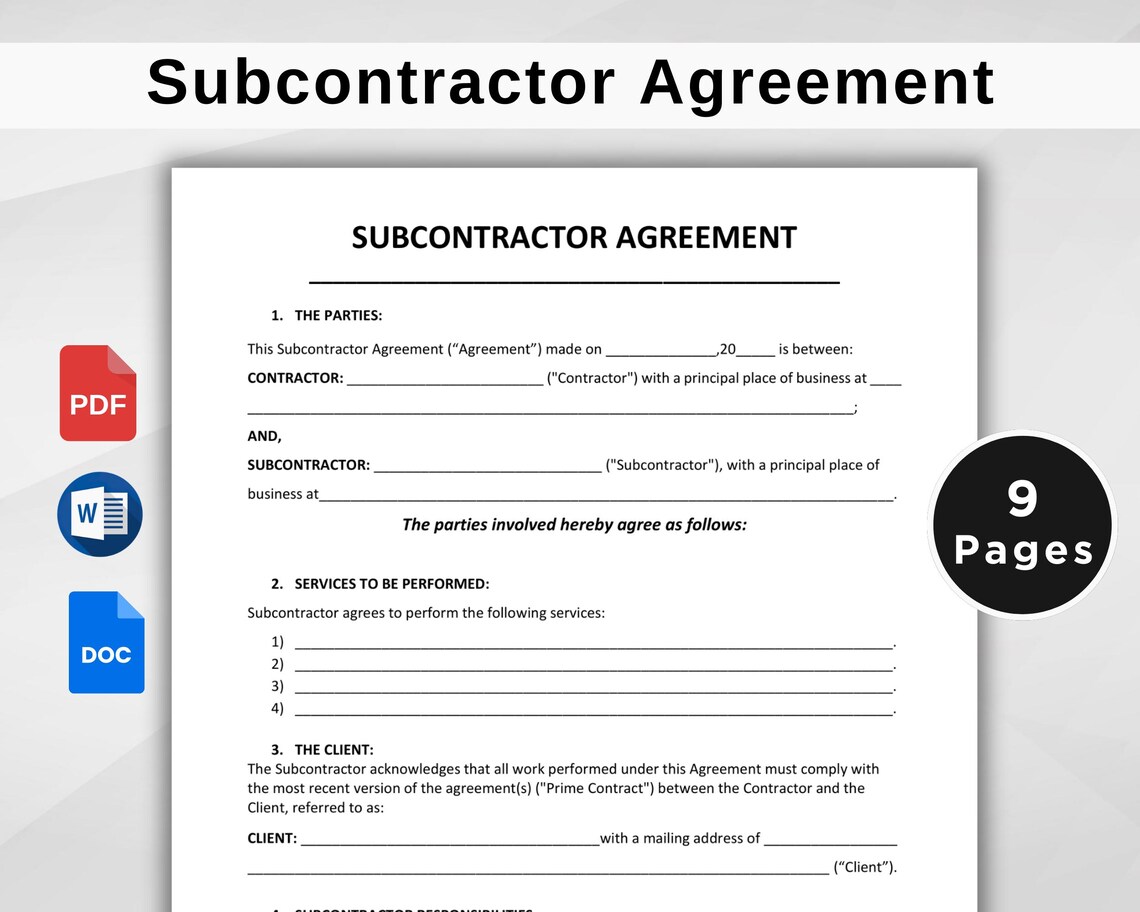 Subcontractor Agreement Template. Editable Subcontractor Contract Form. Job Subcontractor ...