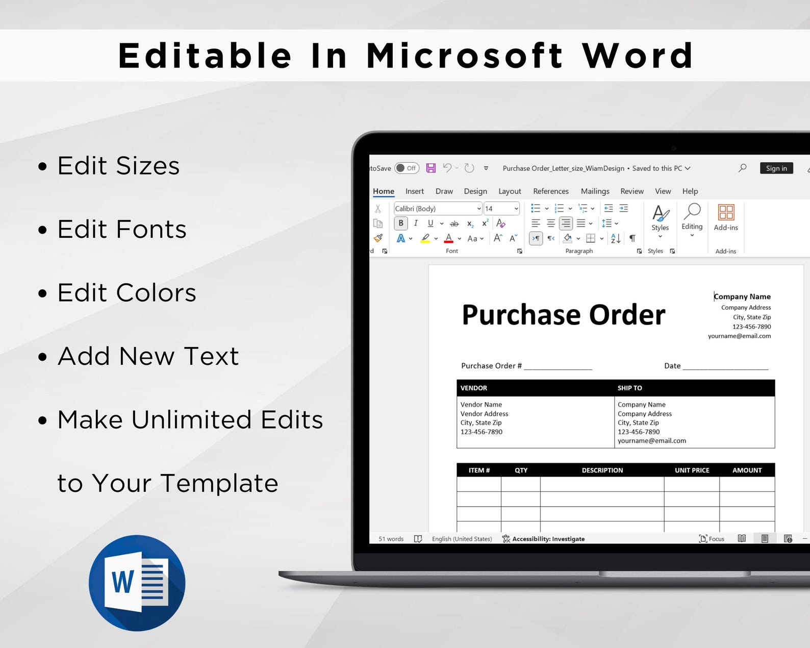 Editable Purchase Order Template. Printable Purchase Order Form. Order ...