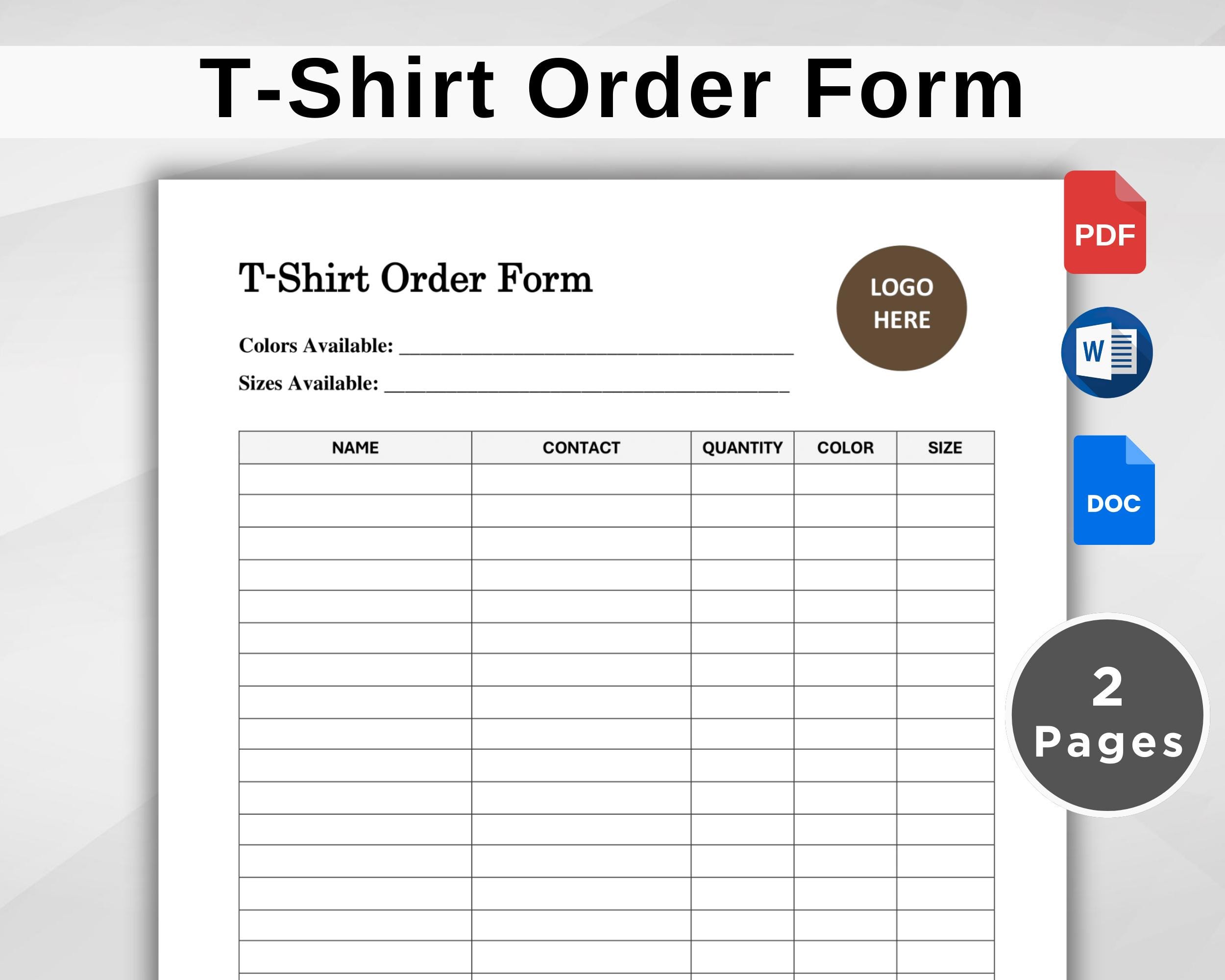 T-shirt Order Template. T-shirt Order Form. Printable Craft Order Form ...