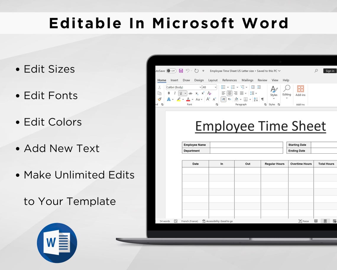 Employee Time Sheet Template Printable. Editable Time Card. Work ...