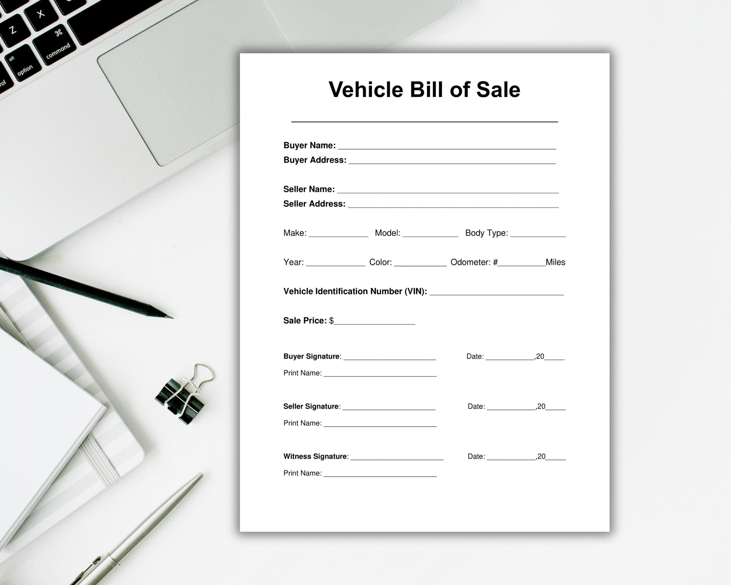 Printable Vehicle Bill of Sale. Motor Vehicle Sale Contract. Auto Bill ...
