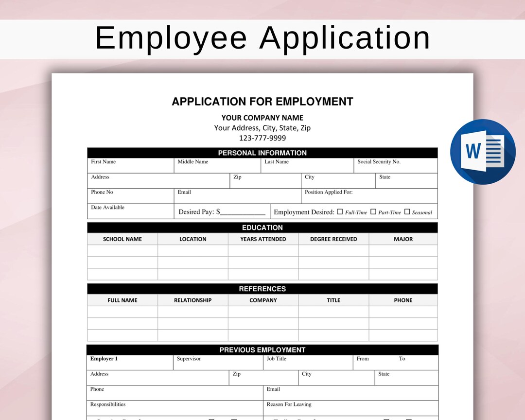 Job Application Template. Printable Employee Application. Application ...