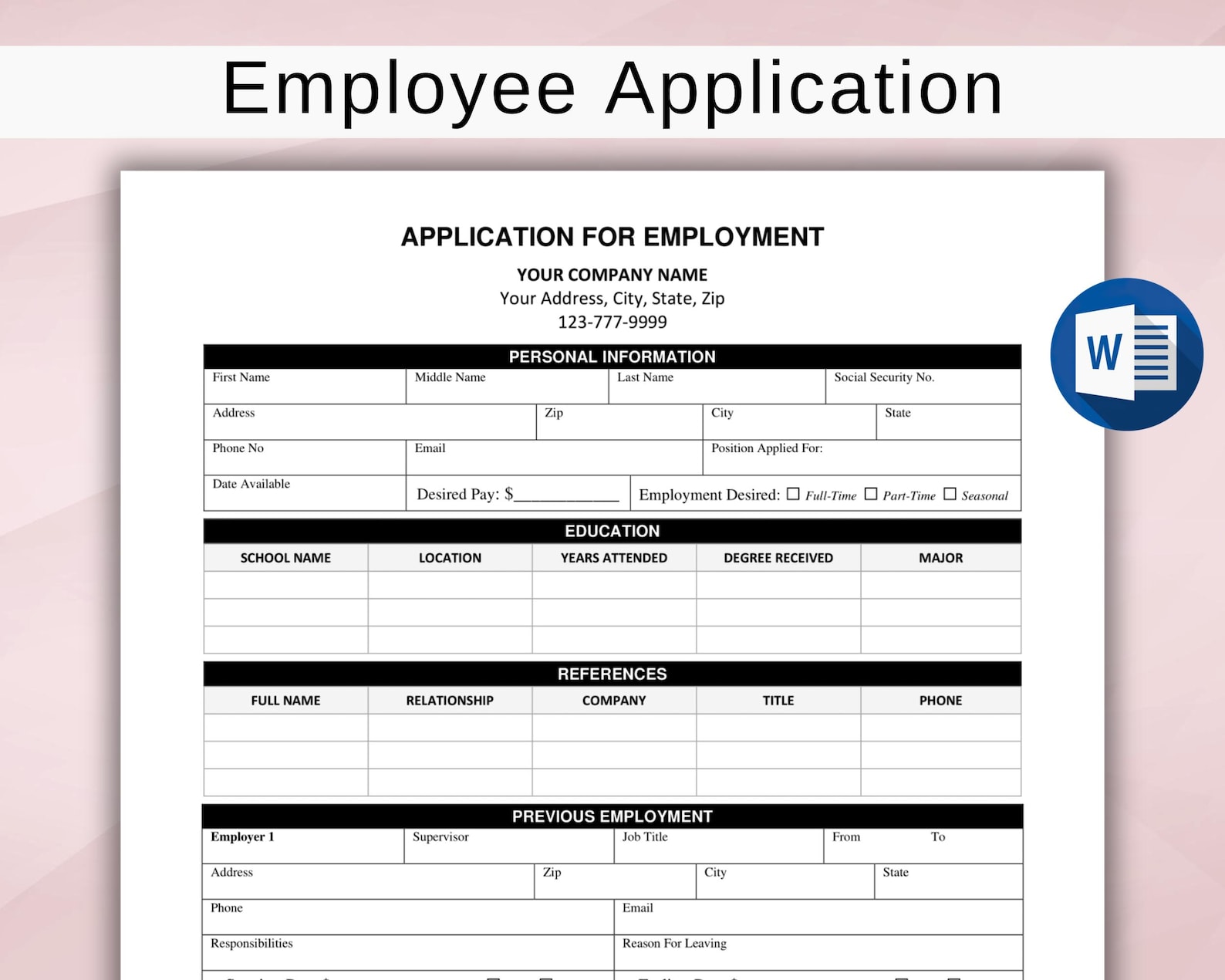 Job Application Template. Printable Employee Application. Application ...