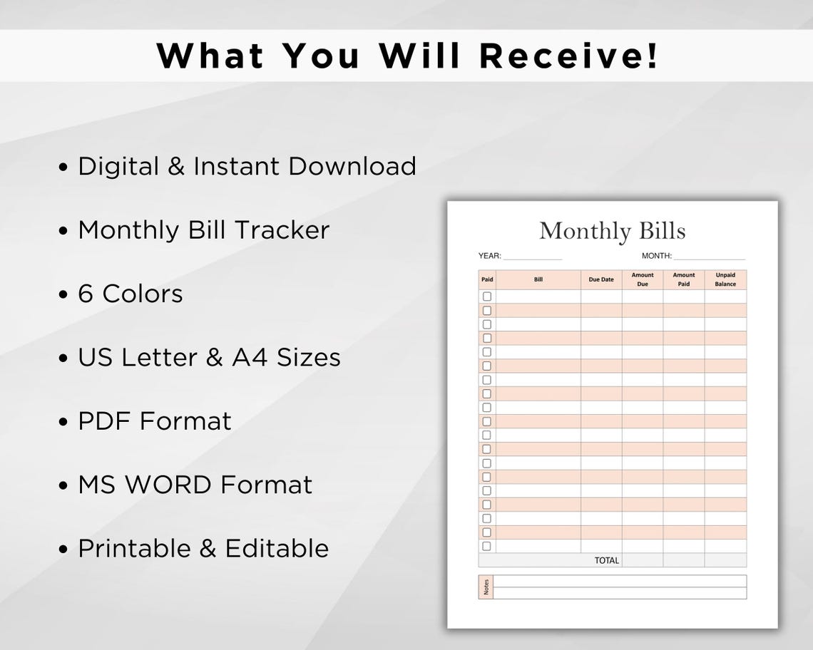 Editable Monthly Bill Log. Bill Payment Checklist Tracker. Printable ...