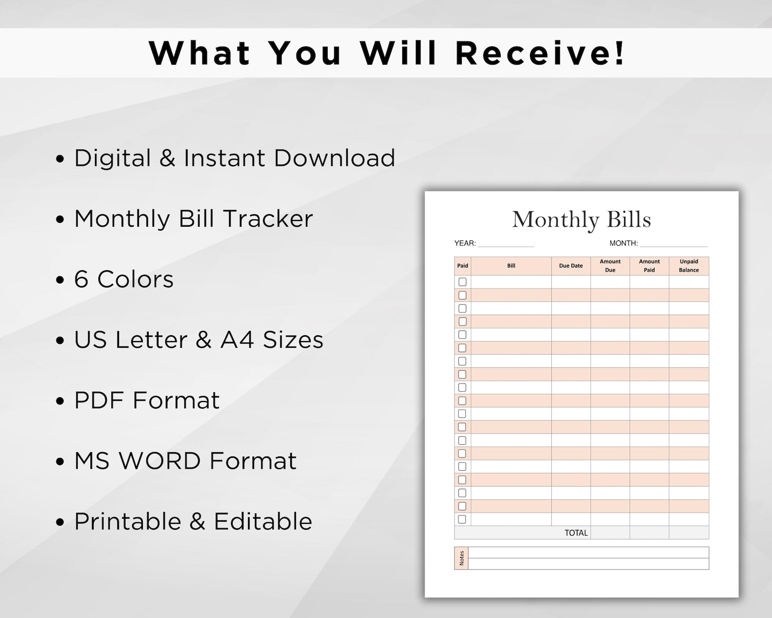 Editable Monthly Bill Log. Bill Payment Checklist Tracker. Printable ...