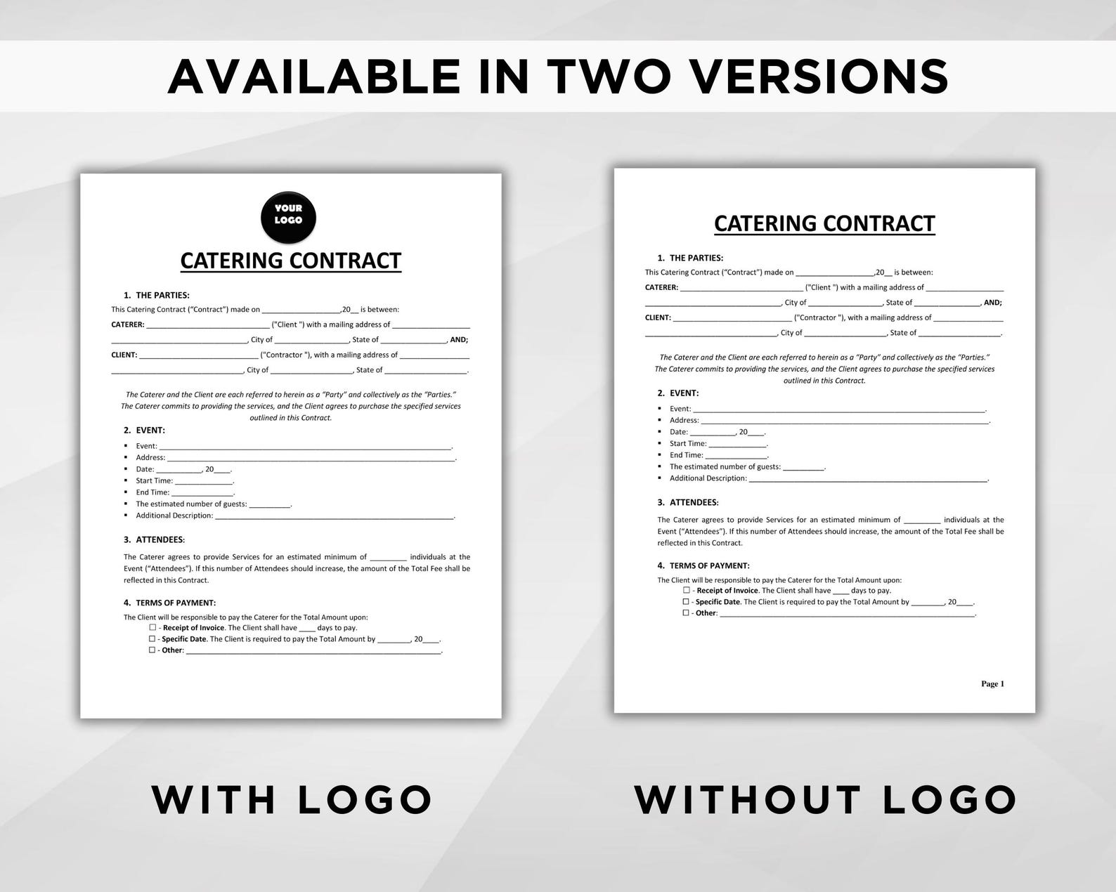 Catering Contract Template. Catering Service Contract. Editable ...