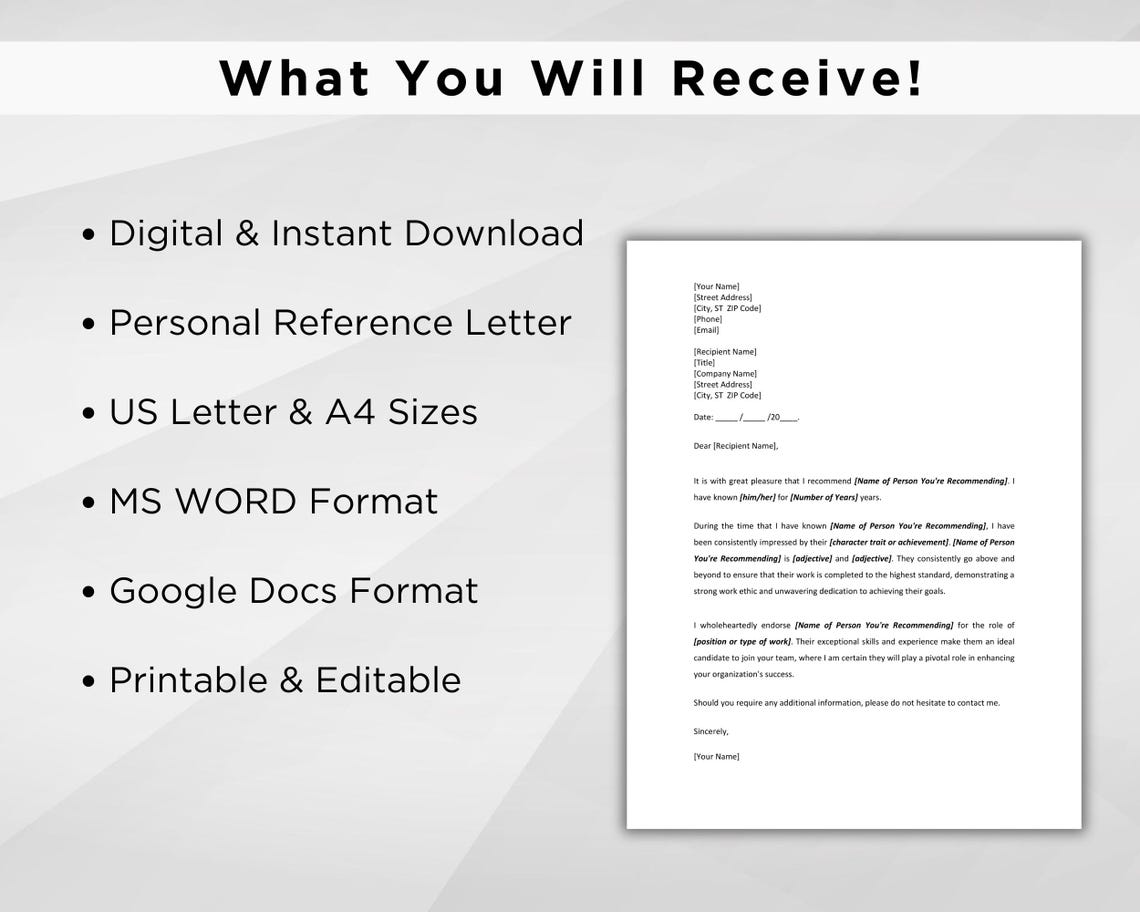 Personal Reference Letter Template. Printable Letter of Recommendation ...