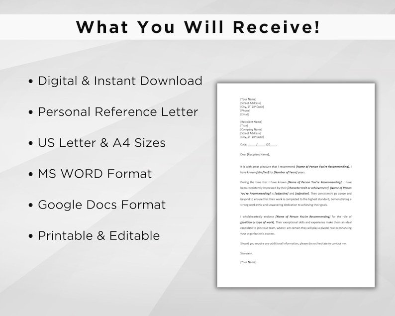 Personal Reference Letter Template. Printable Letter of Recommendation ...