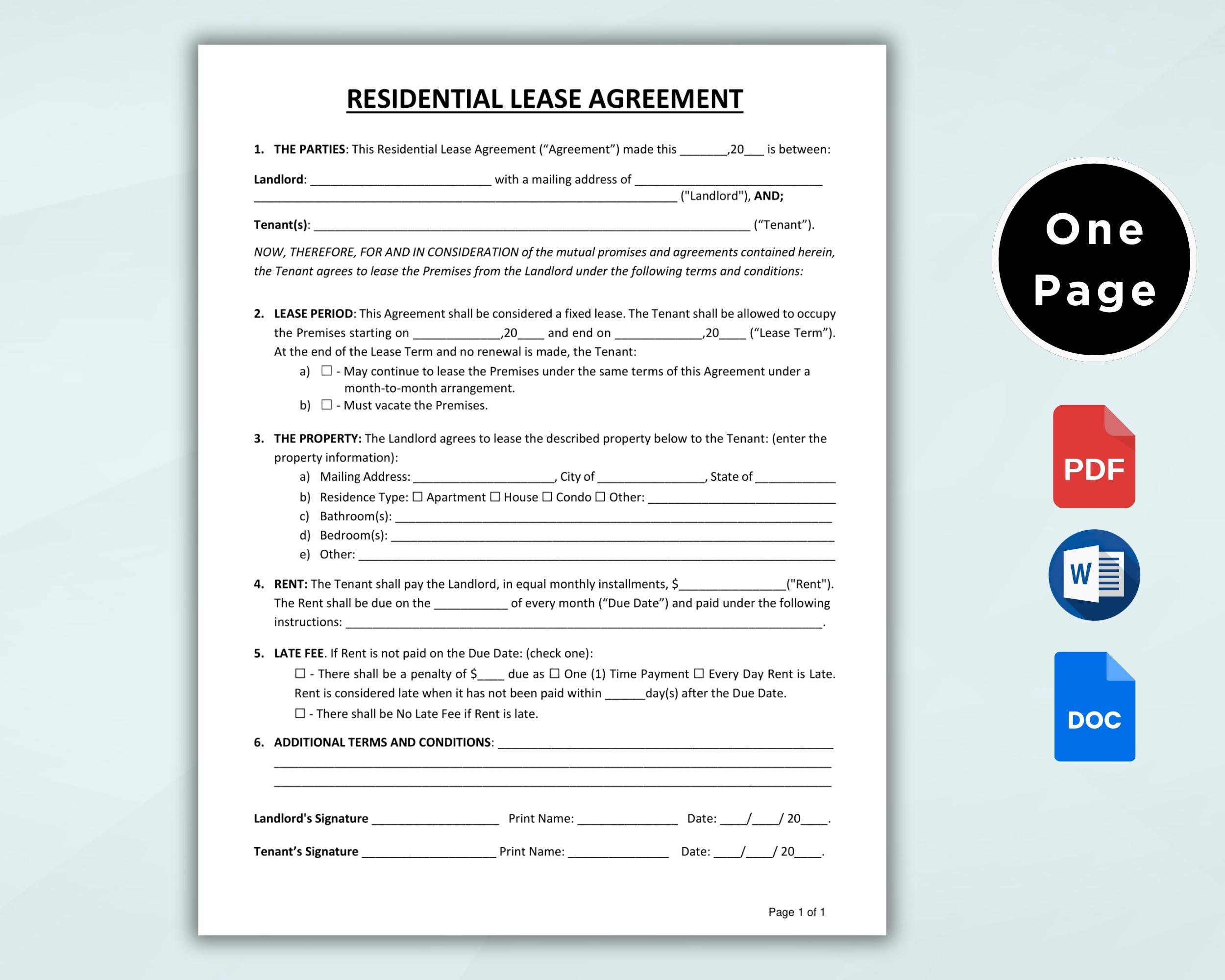 Rental Agreement Template Editable. Simple One Page Lease Agreement. Landlord Forms. Residential ...