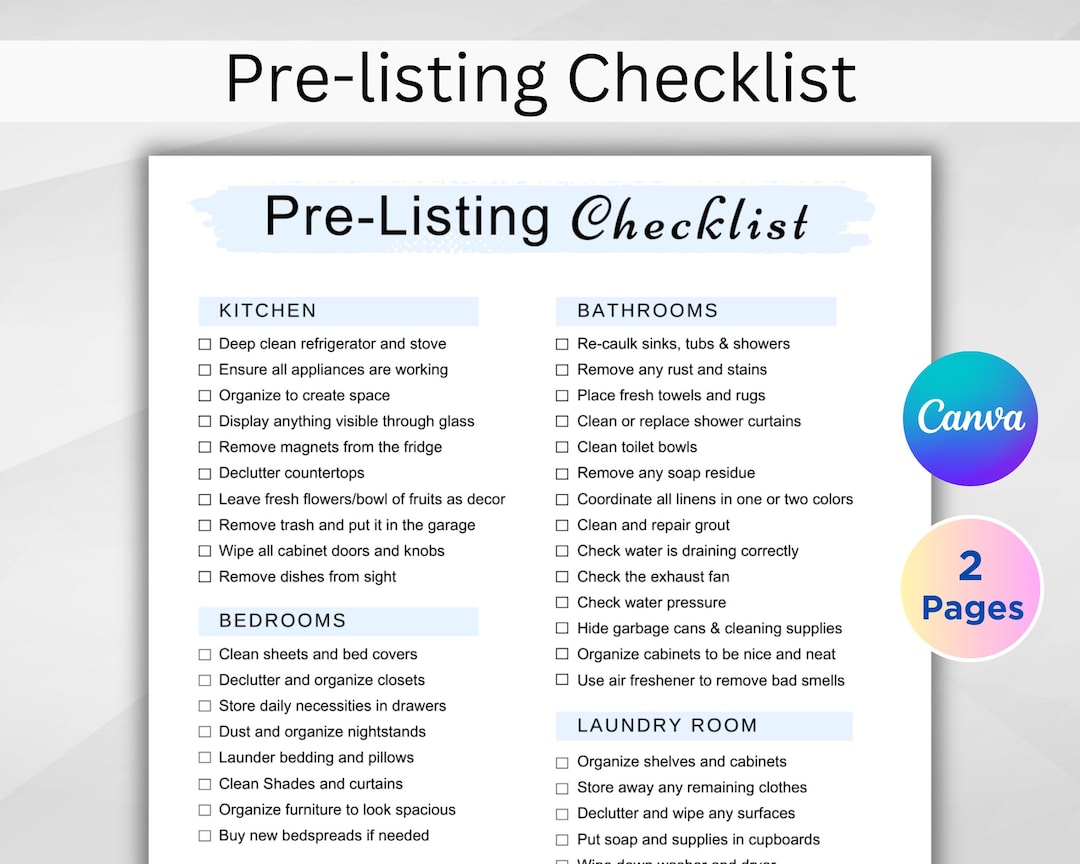Pre-listing Checklist. Real Estate Prelisting Template. Sellers Agent ...