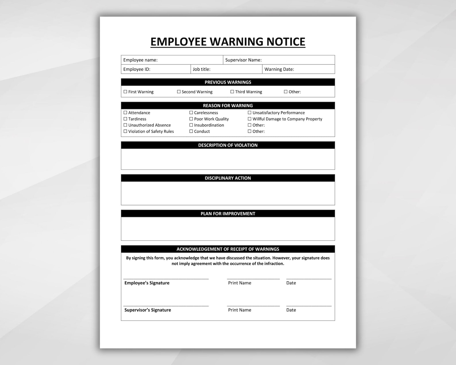 Editable Employee Warning Notice Template. Employee Discipline Form ...