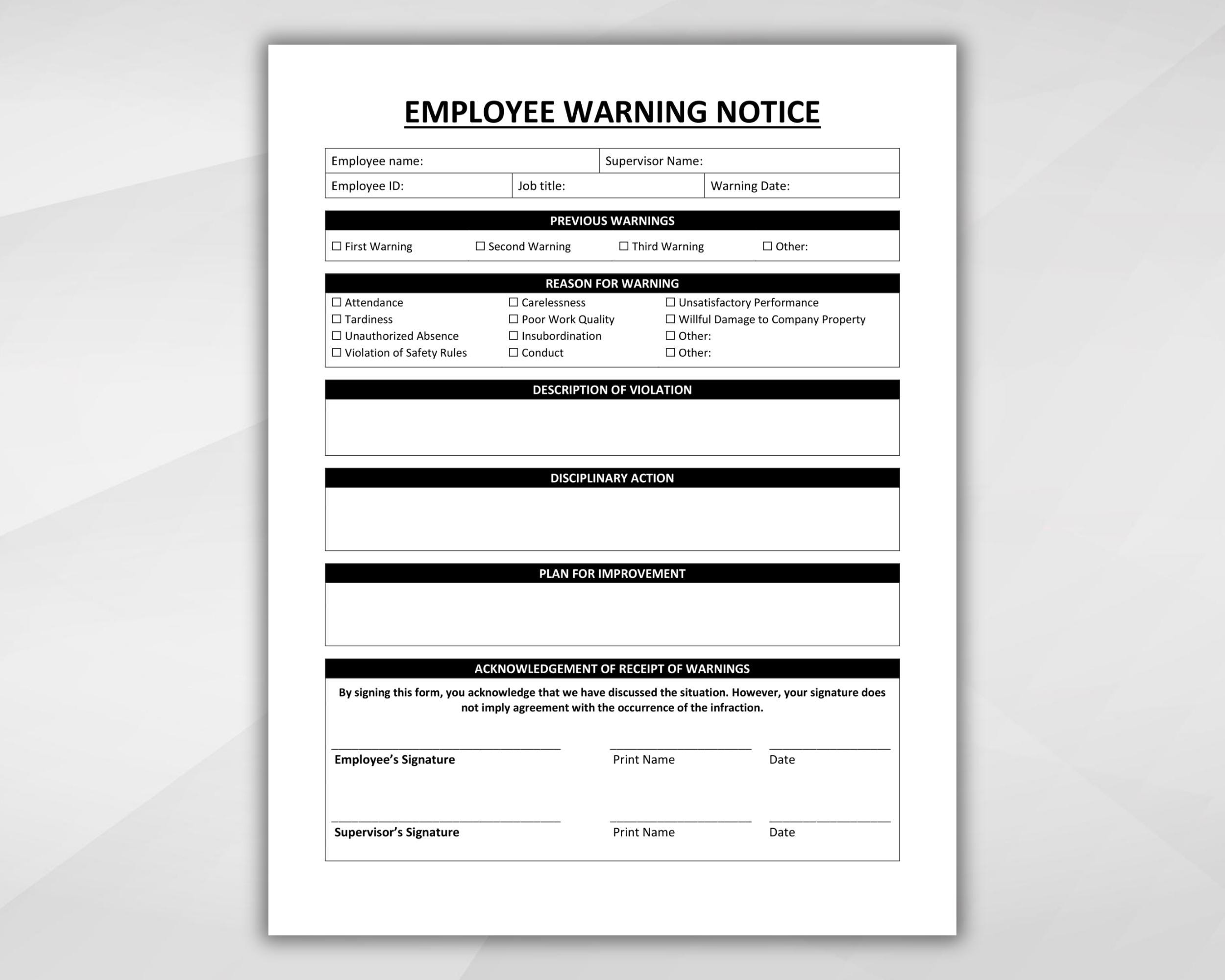 Editable Employee Warning Notice Template. Employee Discipline Form ...