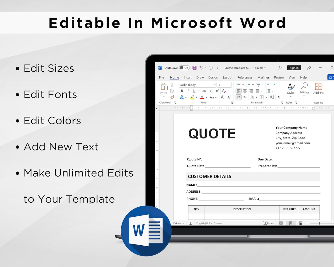 Printable Quote Template. Quote Form. Job Proposal. Price Estimate for ...