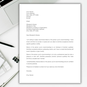 Printable Personal Reference Letter Template. Letter of Recommendation ...