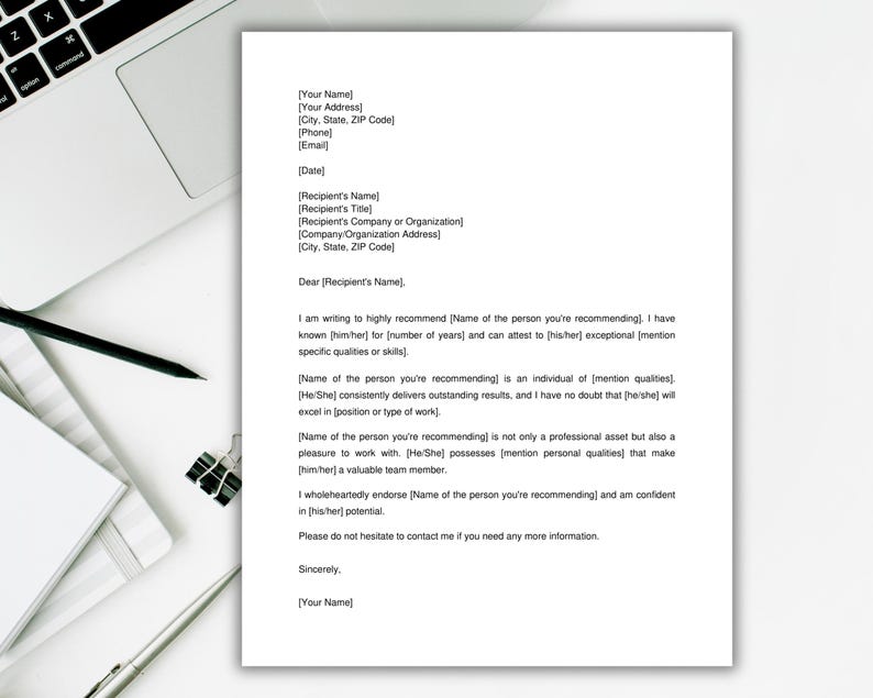 Printable Personal Reference Letter Template. Letter of Recommendation ...