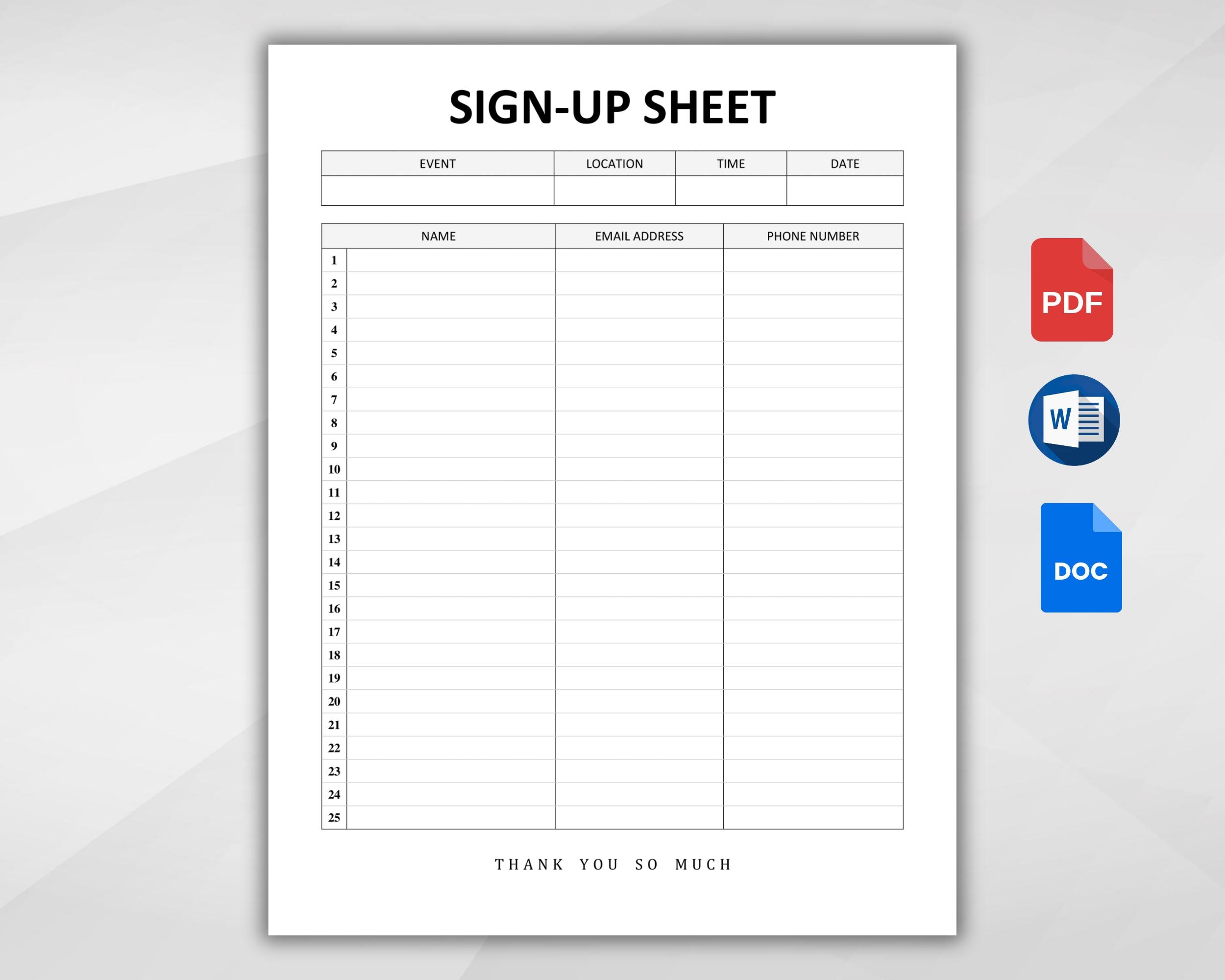 Printable Sign up Sheet. Editable Sign up Template. Event Sign Up. Sign ...