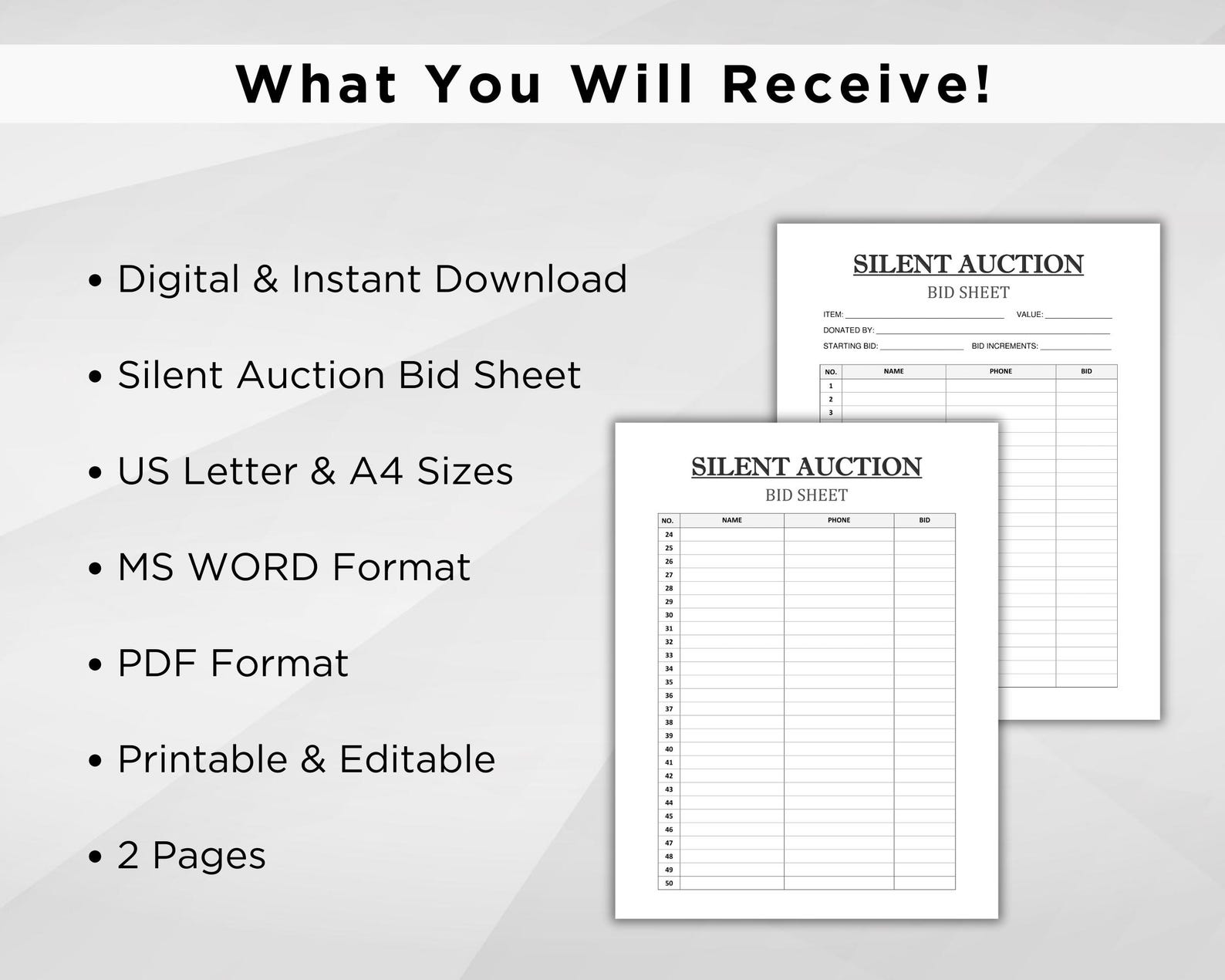 Printable Silent Auction Bid Sheet Silent Auction Sign up Sheet Fundraiser Sheet Silent Auction ...