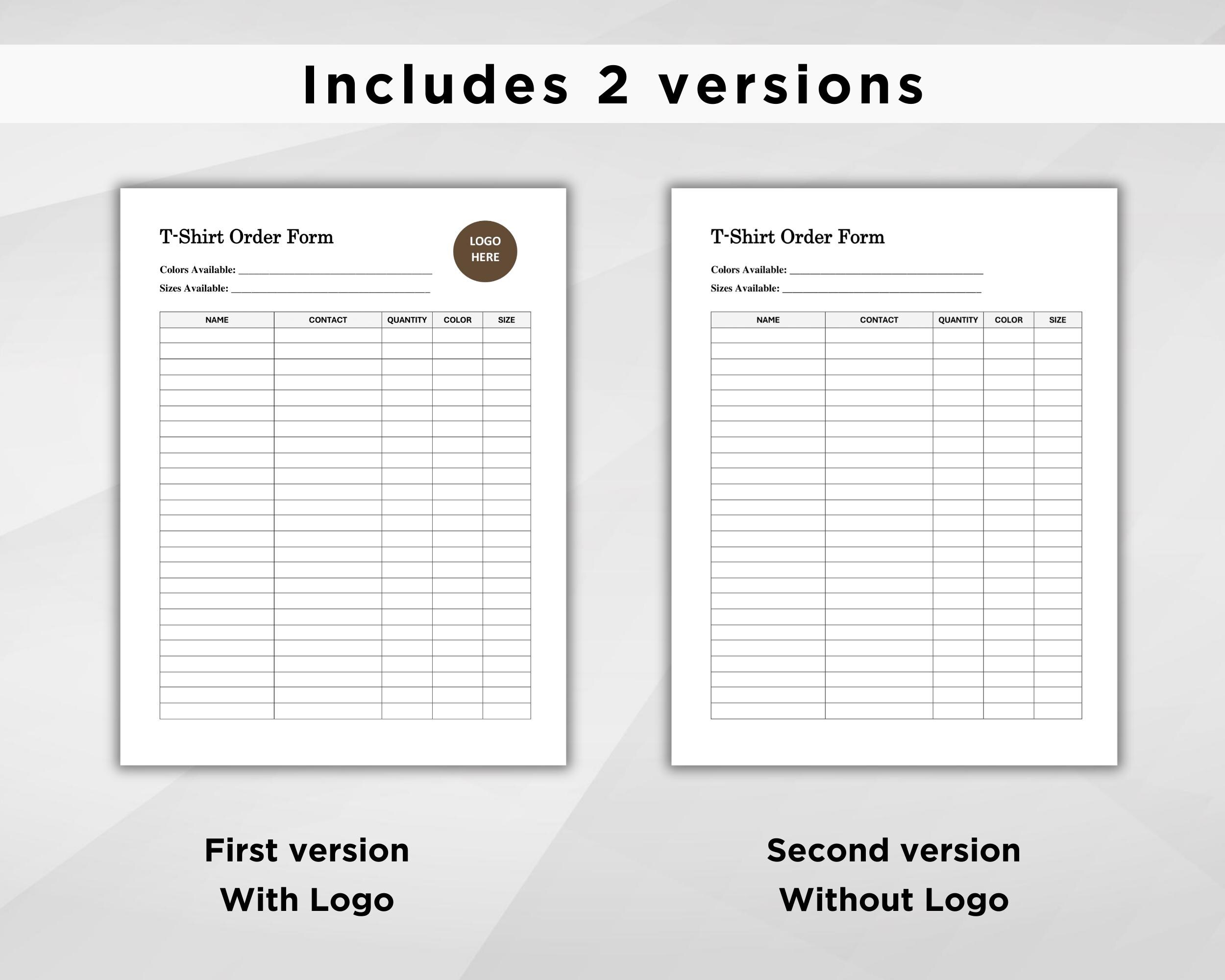 T-shirt Order Template. T-shirt Order Form. Printable Craft Order Form ...