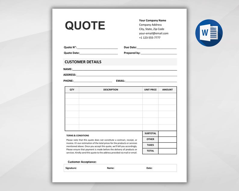 Printable Quote Template. Quote Form. Job Proposal. Price Estimate for ...