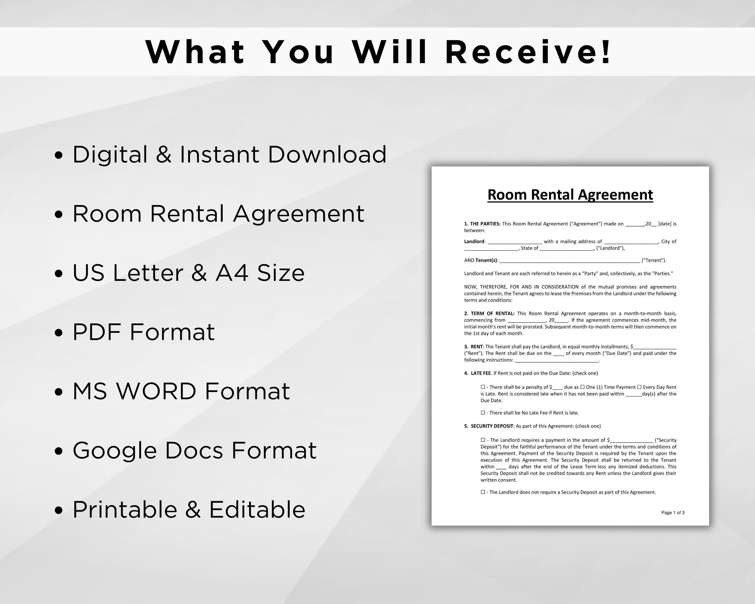 Room Rental Agreement Template. Editable Room Tenancy Agreement ...