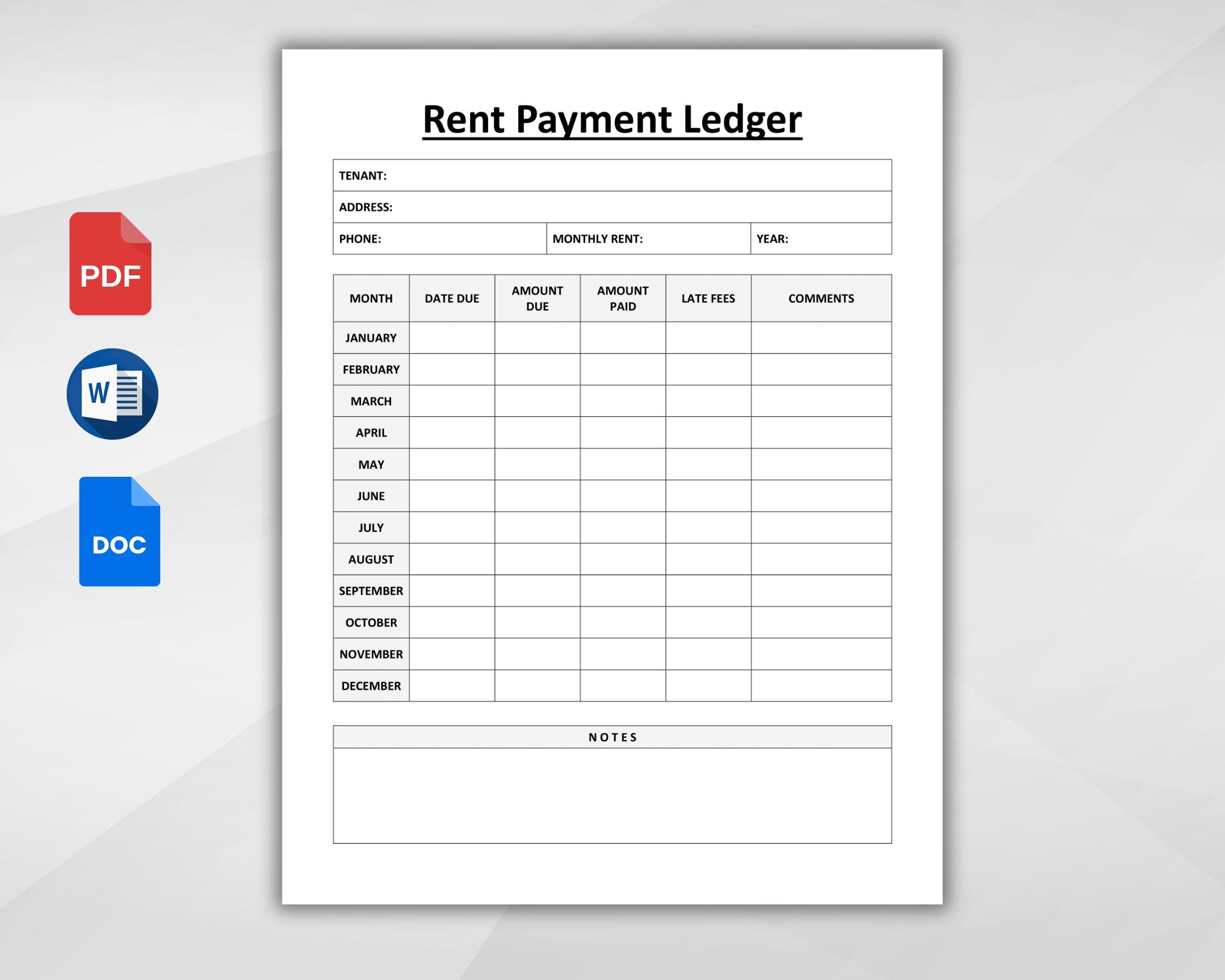 Rent Payment Ledger. Printable Rental Payment Tracker Template. Monthly ...