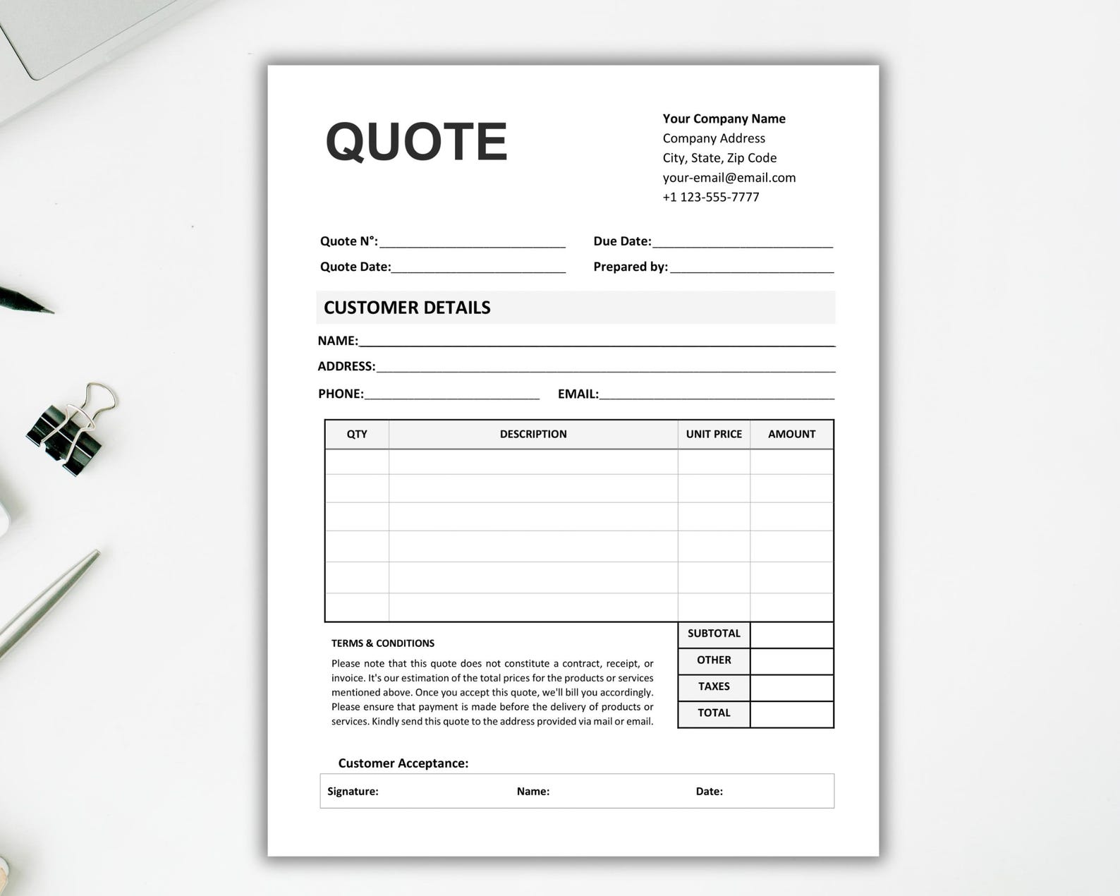 Printable Quote Template. Quote Form. Job Proposal. Price Estimate for ...
