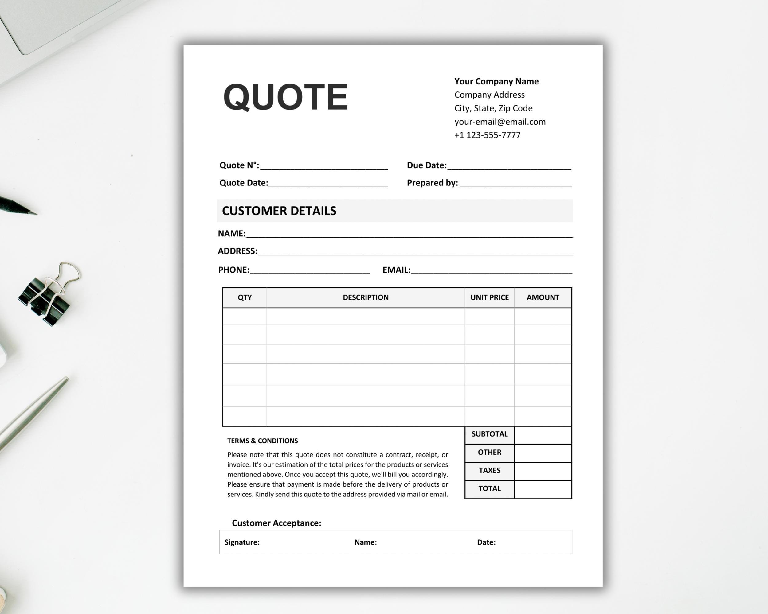 Printable Quote Template. Quote Form. Job Proposal. Price Estimate for ...