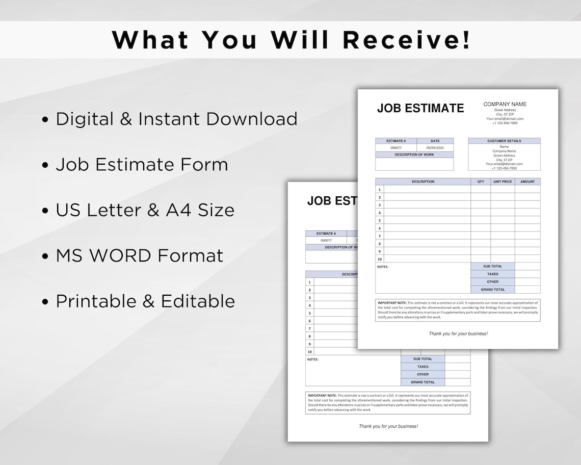 Job Estimate Template Printable. Estimate Form for Small Business ...