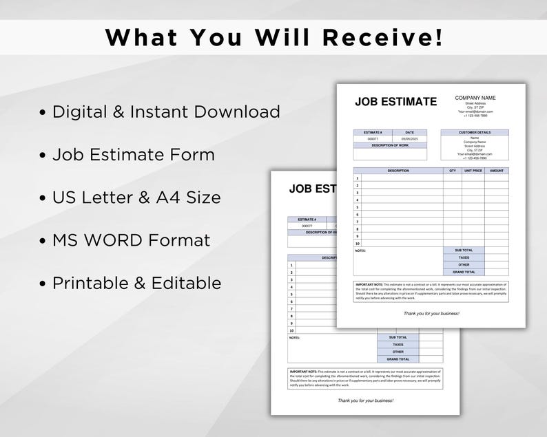 Job Estimate Template Printable. Estimate Form for Small Business ...